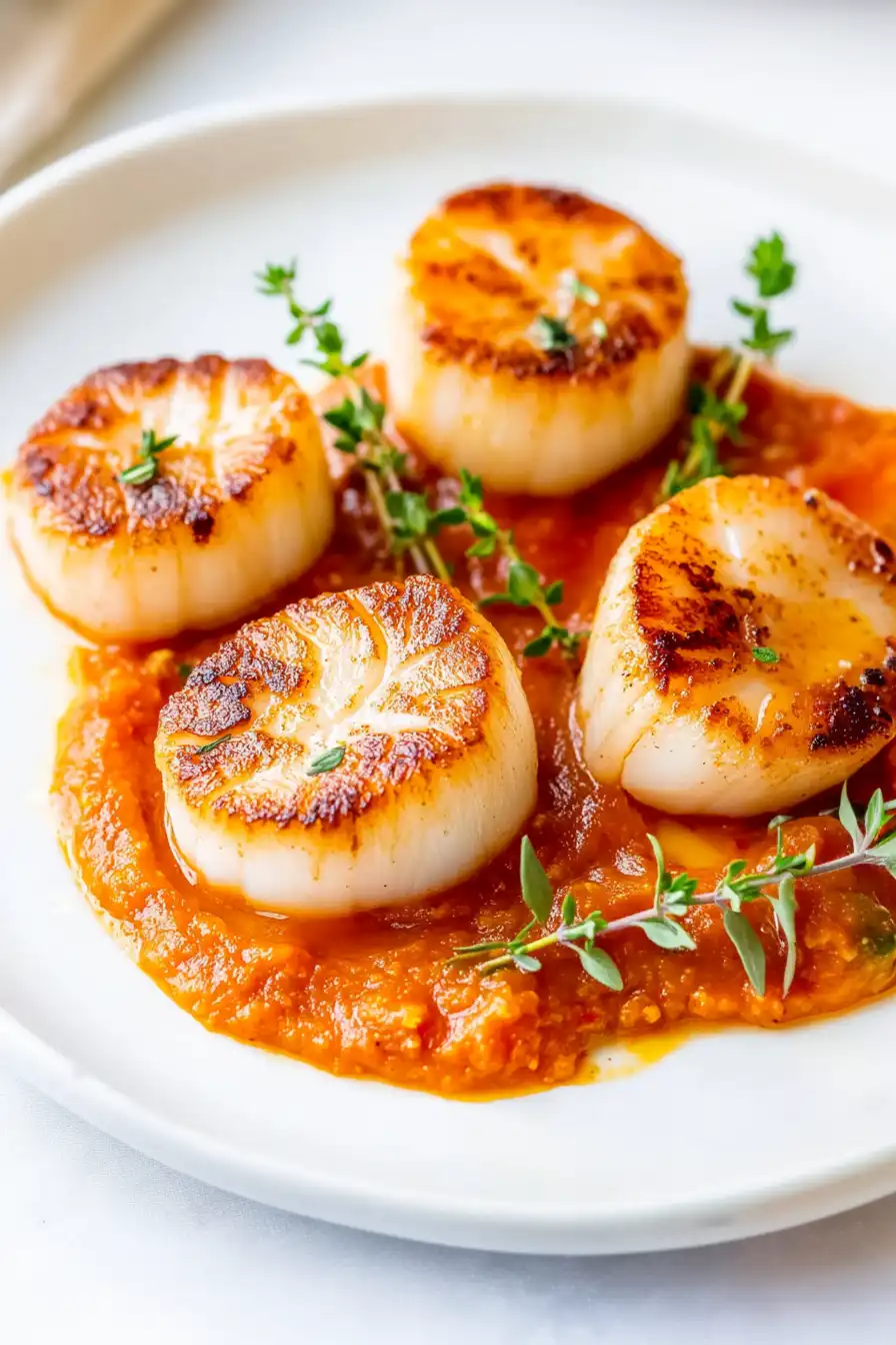 Tasty Seared Scallops with Romesco Sauce
