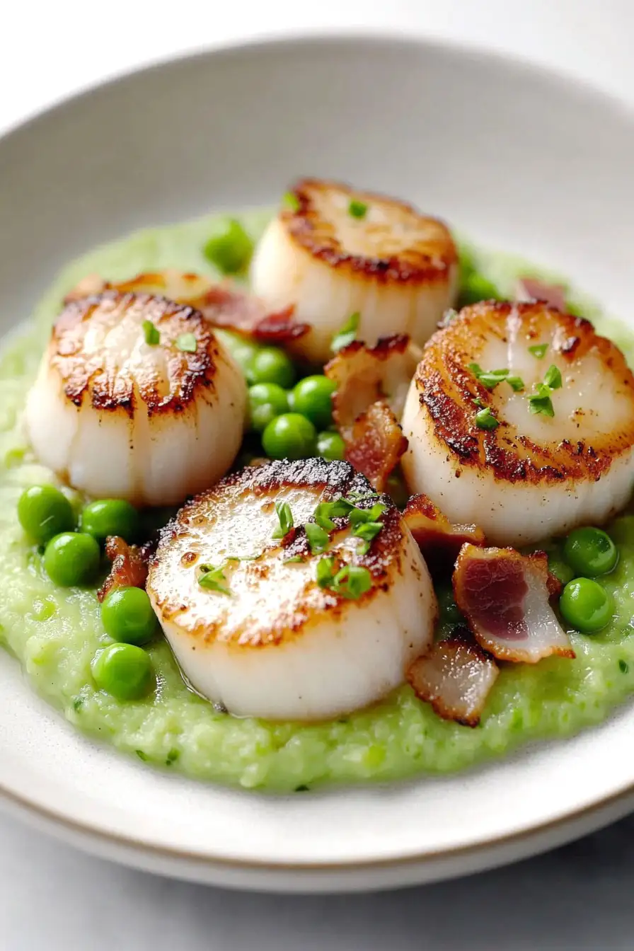 Juicy Seared Scallops with Mint Peas and Bacon