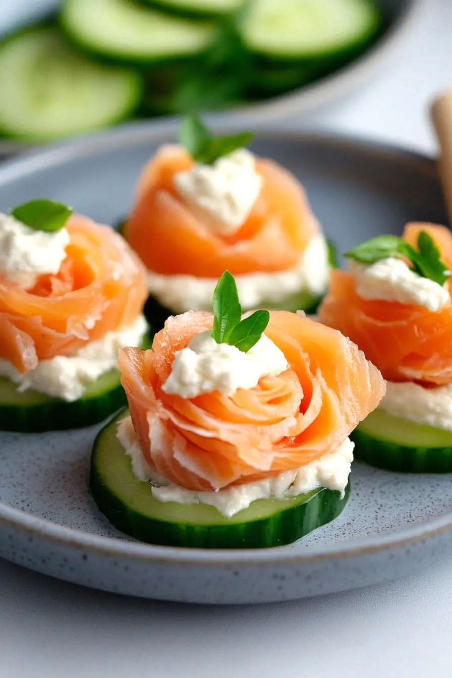 Juicy Smoked Salmon Roses on Cucumber Rounds