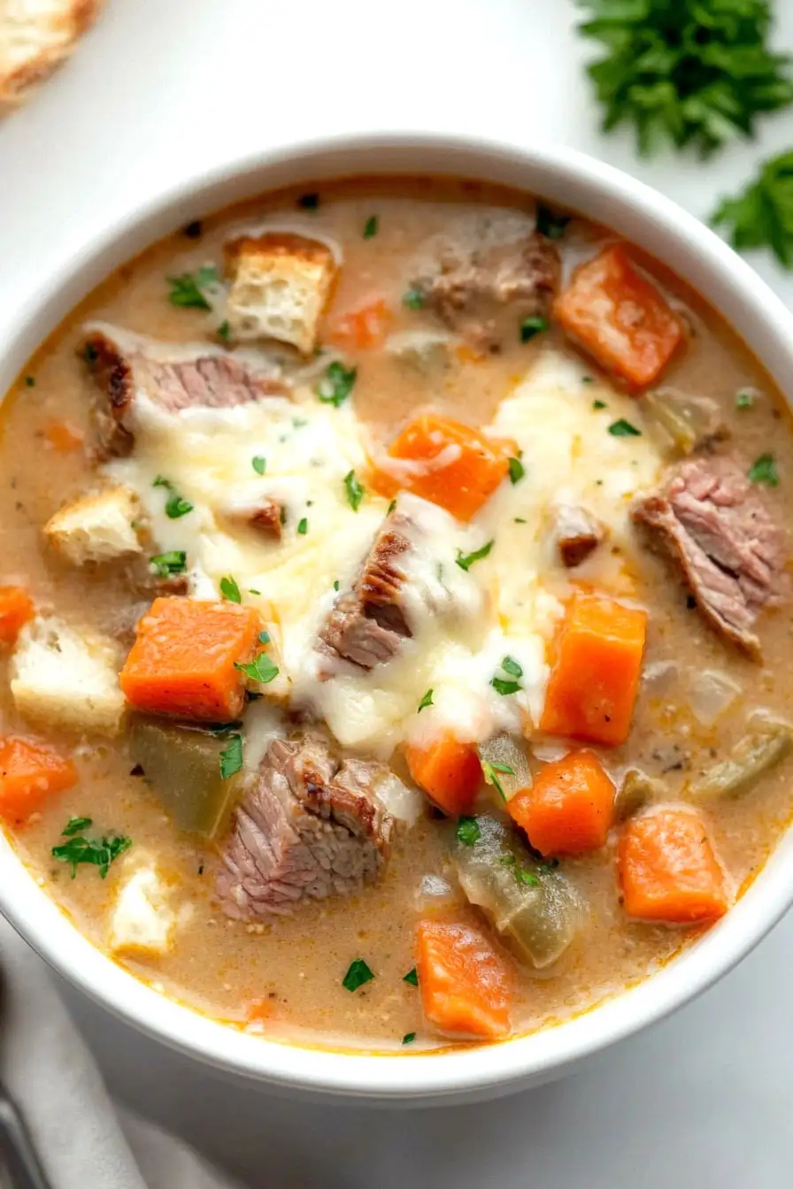 Hearty One Pot Philly Cheesesteak Soup