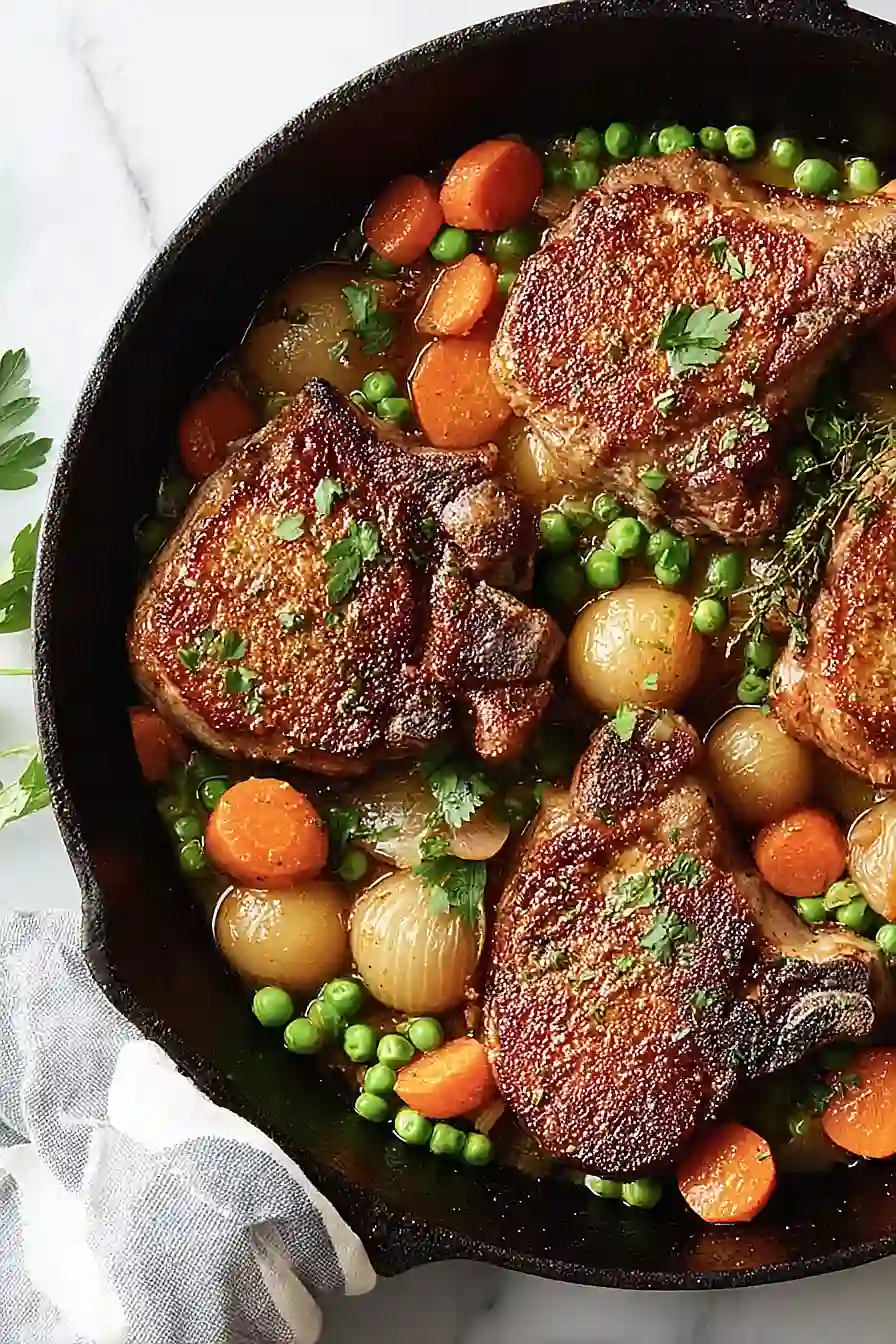 Classic Skillet Pork Chops with Peas, Carrots, and Pearl Onions