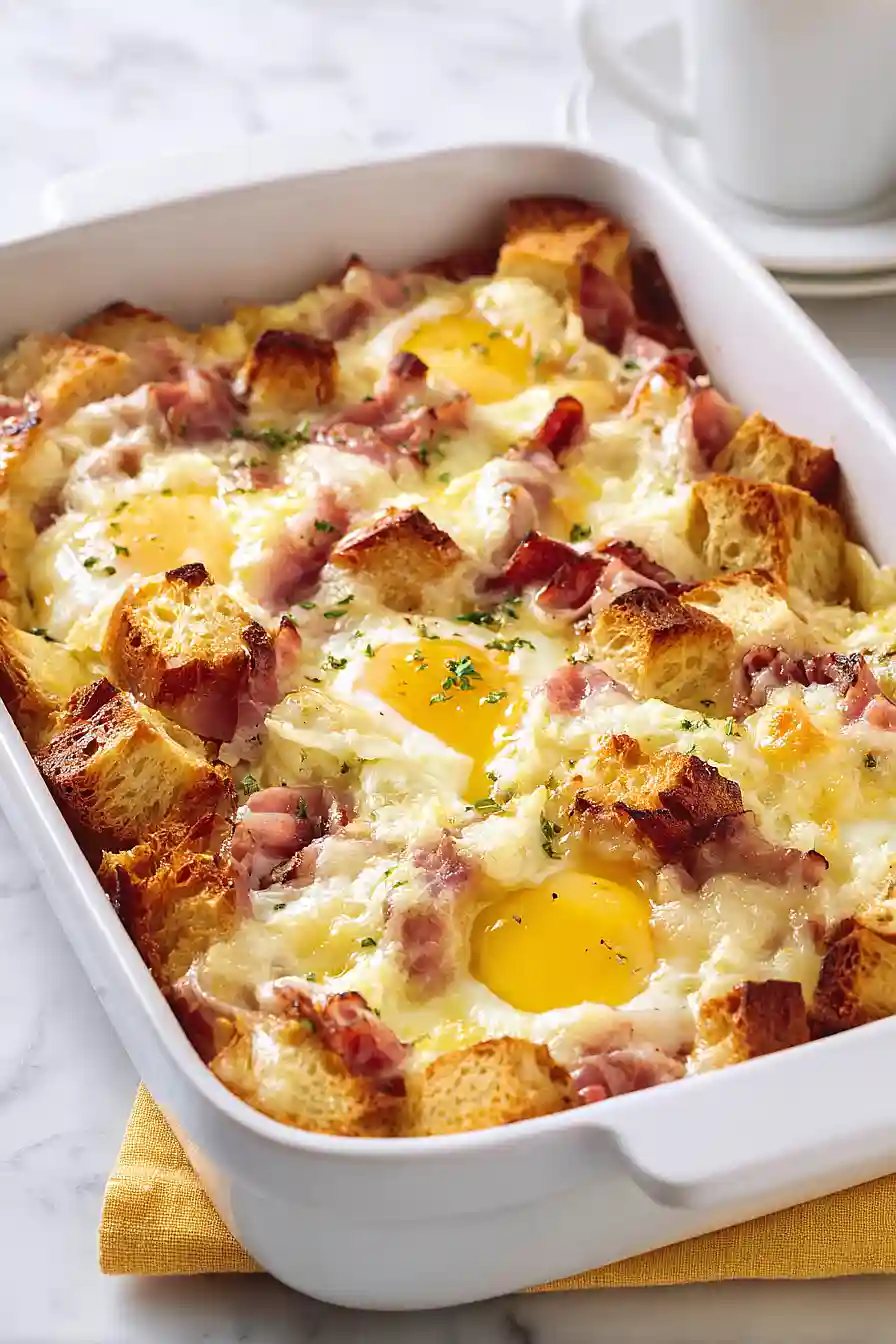 Simple Croque Madame Ham and Cheese Breakfast Bake