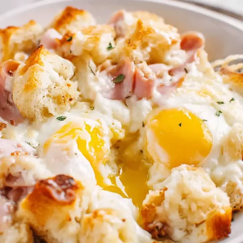 Simple Croque Madame Ham and Cheese Breakfast Bake