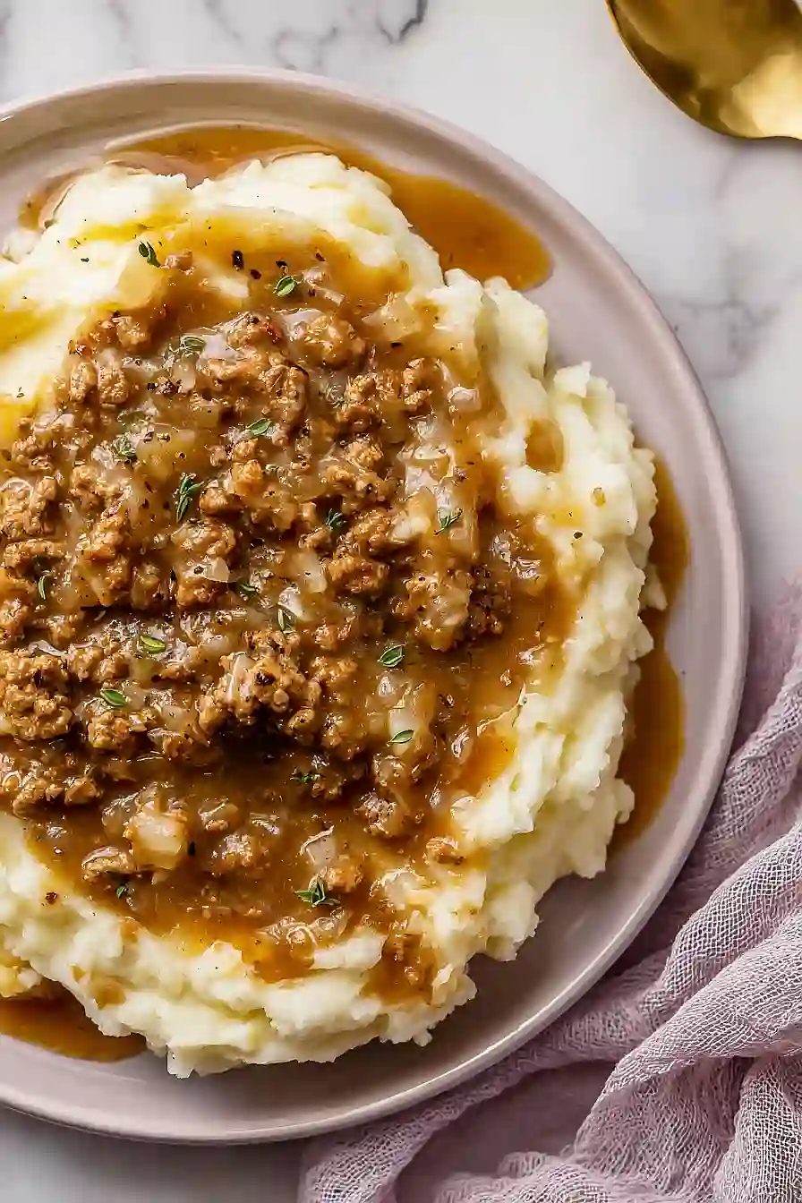 Simple Ground Turkey and Gravy Over Mashed Potatoes