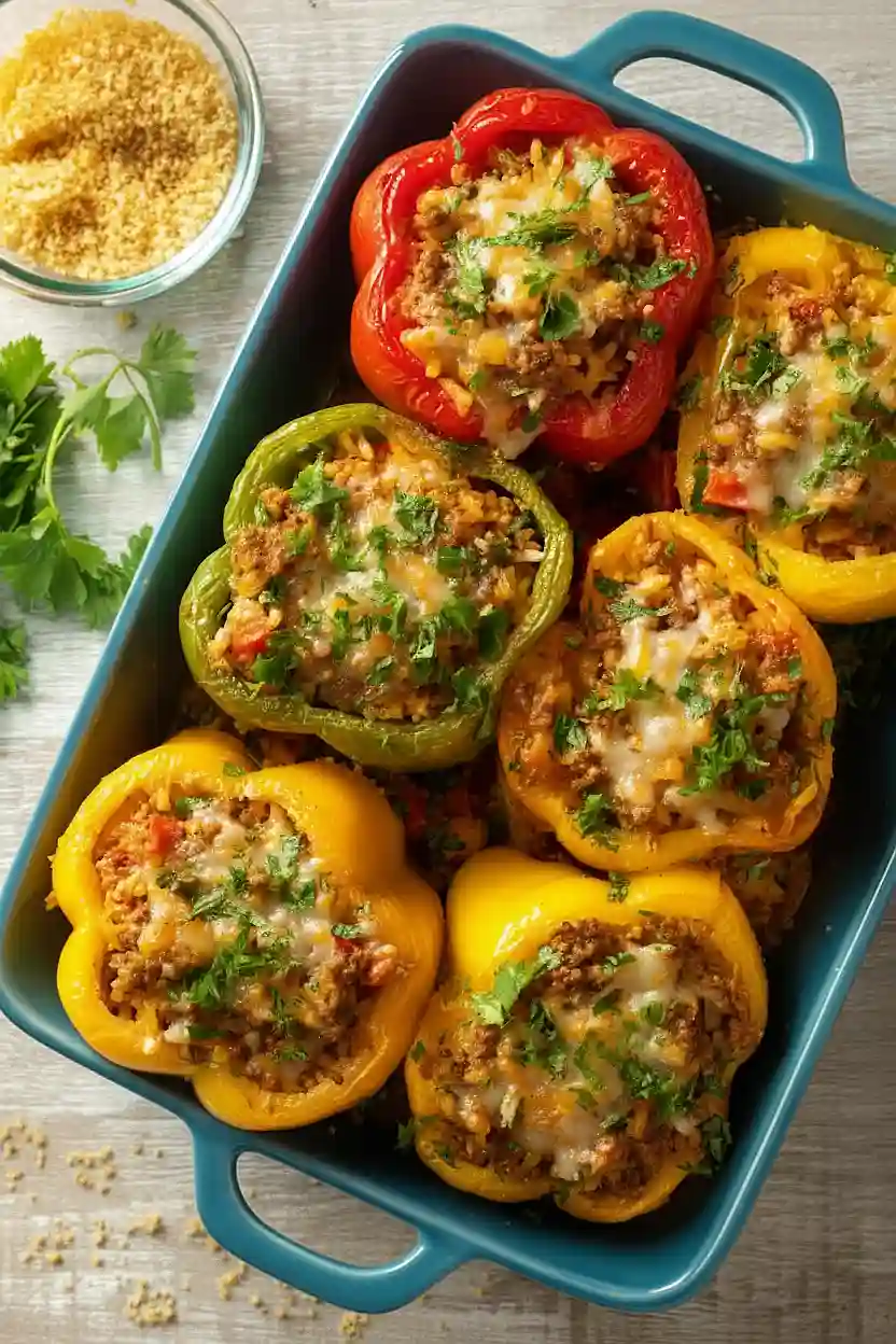 Cheesy Ground Turkey Stuffed Bell Peppers